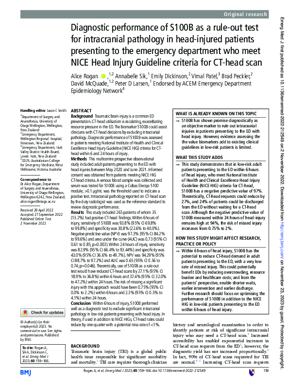 (PDF) Diagnostic performance of S100B as a rule-out test for ...