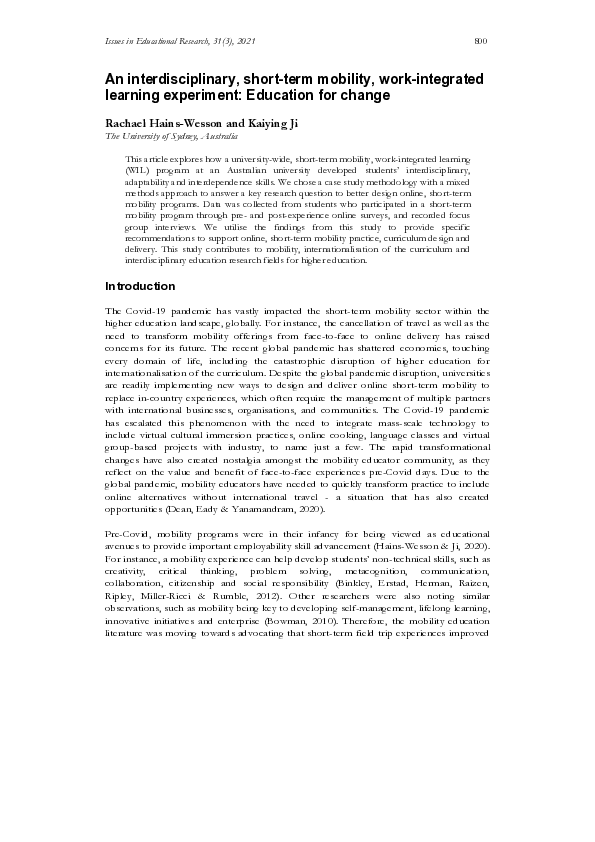 (PDF) An interdisciplinary, short-term mobility, work-integrated learning experiment: Education ...