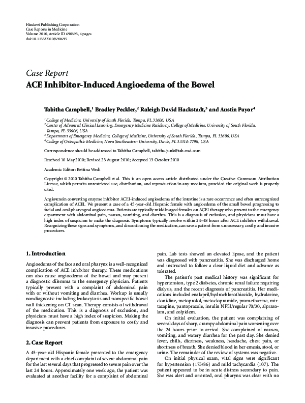 (PDF) ACE Inhibitor-Induced Angioedema of the Bowel