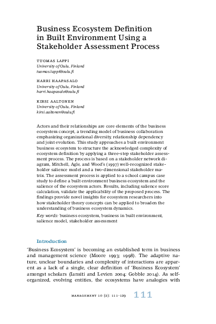 (PDF) Business Ecosystem Definition in Built Environment Using a ...