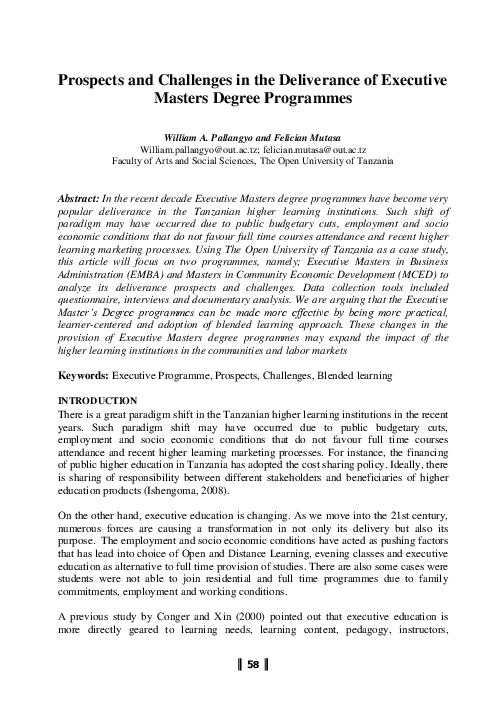 (PDF) Prospects and Challenges in the Deliverance of Executive Masters Degree Programmes