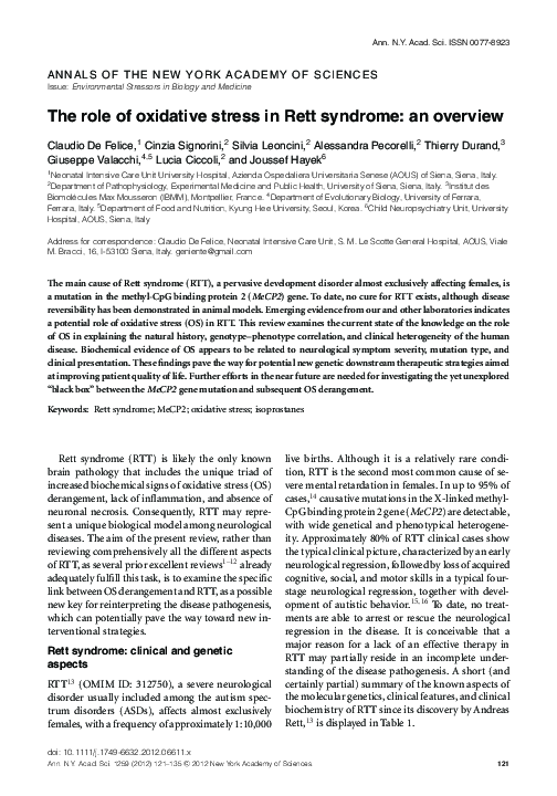 (PDF) The role of oxidative stress in Rett syndrome: an overview | Cinzia Signorini - Academia.edu
