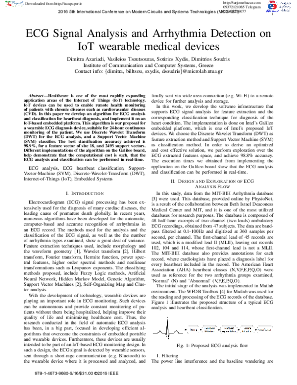 Pdf Ecg Signal Analysis And Arrhythmia Detection On Iot Wearable Medical Devices