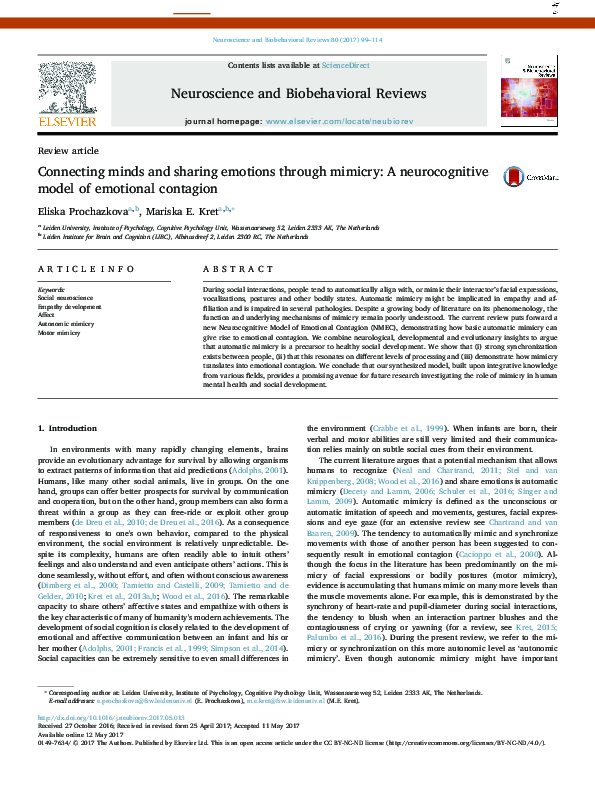 (PDF) Connecting minds and sharing emotions through mimicry: A ...