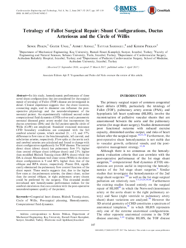 (PDF) Tetralogy of Fallot Surgical Repair: Shunt Configurations, Ductus Arteriosus and the ...