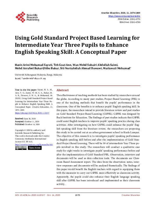 (PDF) Using Gold Standard Project Based Learning for Intermediate Year ...
