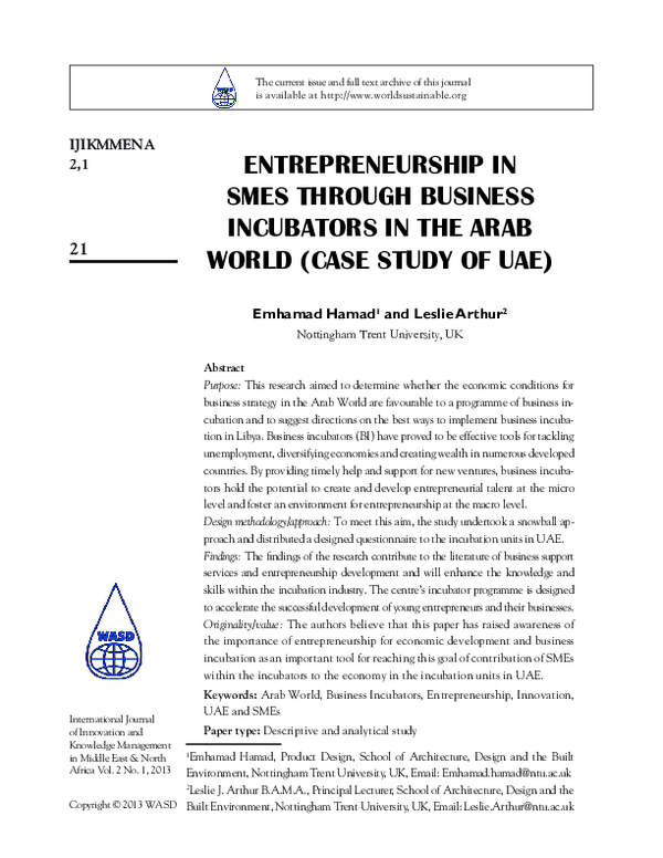 (PDF) Entrepreneurship in SMEs through business incubators in the Arab ...