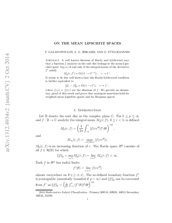 Pdf On The Mean Lipschitz Spaces