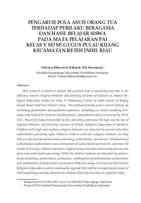 (PDF) Pengaruh Pola Asuh Orang Tua Terhadap Perilaku Beragama Dan Hasil Belajar Siswa Pada Mata ...