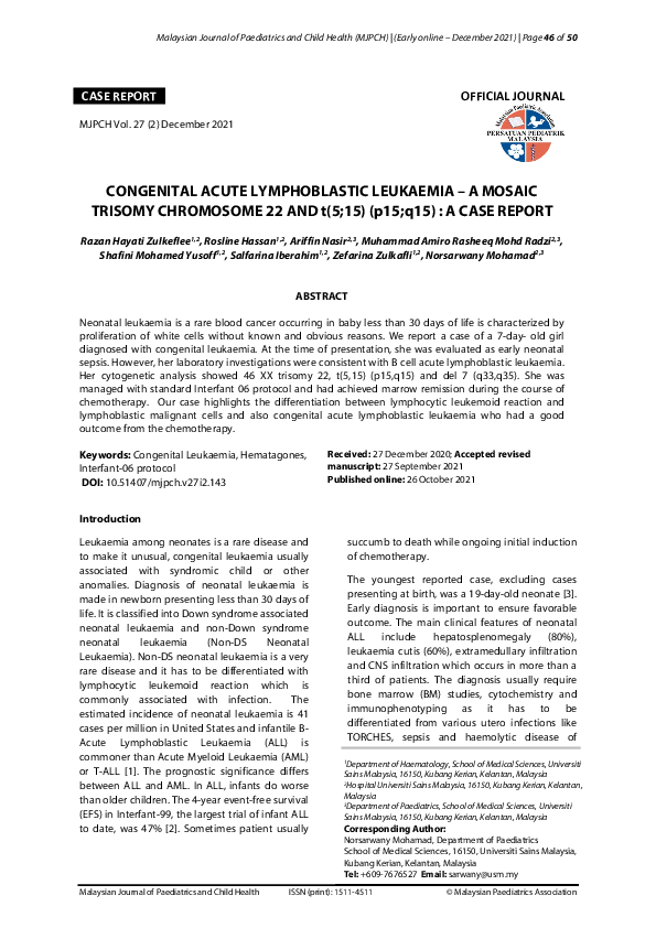(PDF) Congenital Acute Lymphoblastic Leukemia – A Mosaic Trisomy ...