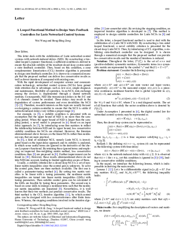 (PDF) A Looped Functional Method to Design State Feedback Controllers for Lurie Networked ...