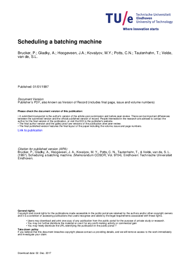 (PDF) Scheduling a batching machine