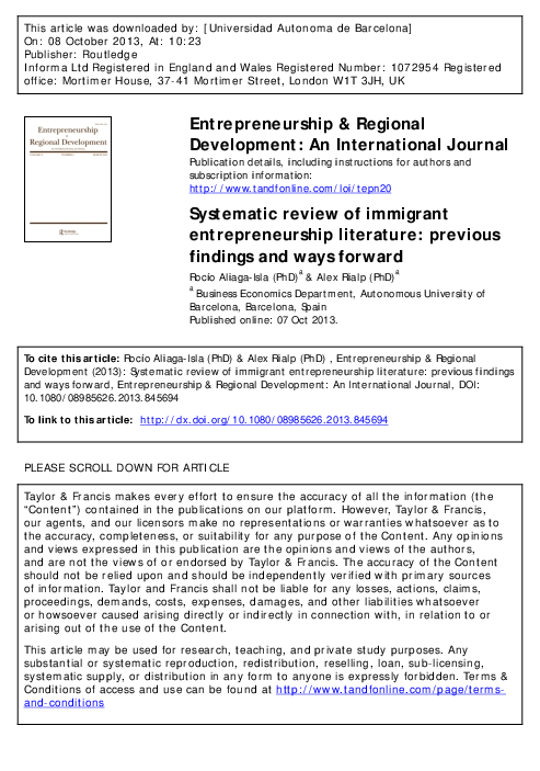 (PDF) Systematic review of immigrant entrepreneurship literature: previous findings and ways forward