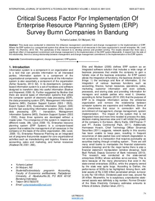 (PDF) Critical Sucess Factor For Implementation Of Enterprise Resource Planning System (ERP ...