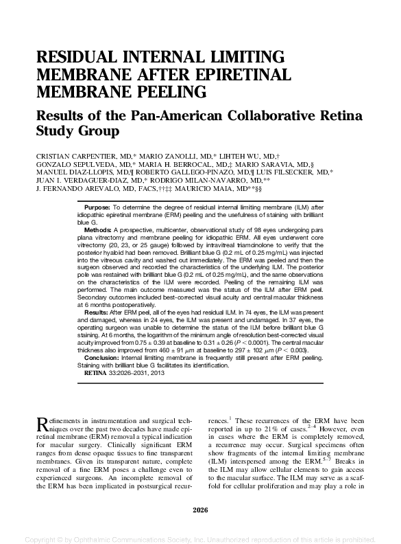 (PDF) Residual Internal Limiting Membrane After Epiretinal Membrane Peeling | Mario J Saravia ...