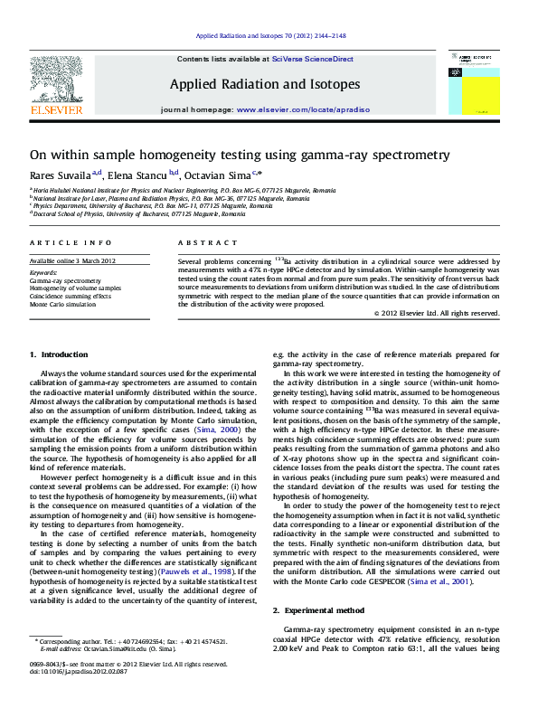 (PDF) On within sample homogeneity testing using gamma-ray spectrometry