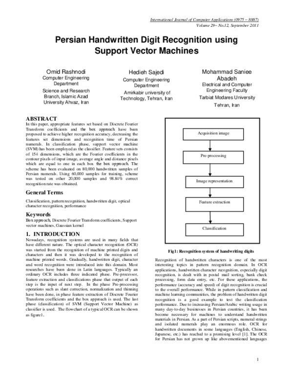 Pdf Persian Handwritten Digit Recognition Using Support Vector Machines