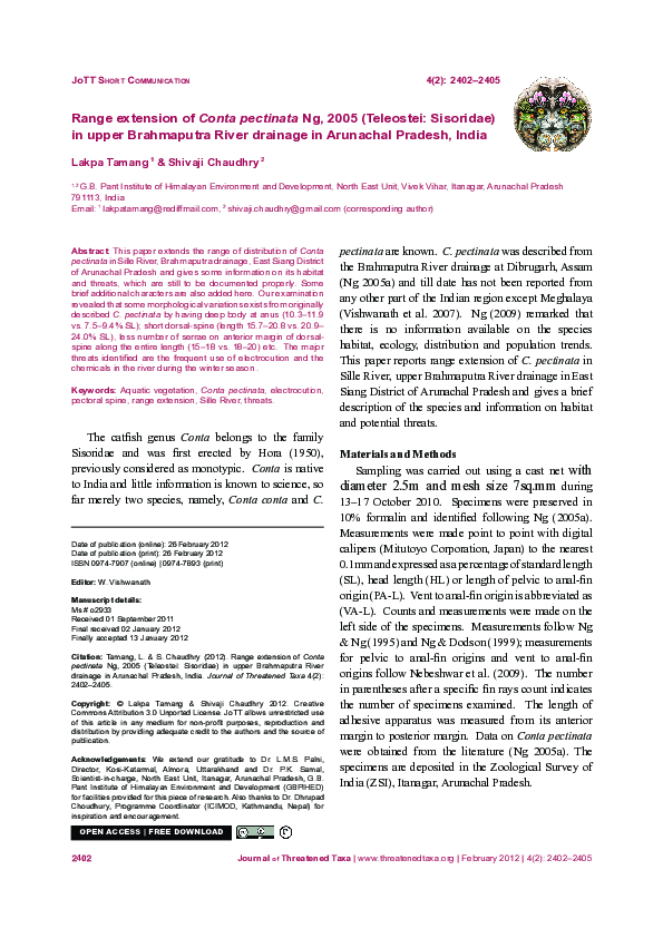 (PDF) Range extension of Conta pectinata Ng, 2005 (Teleostei: Sisoridae ...