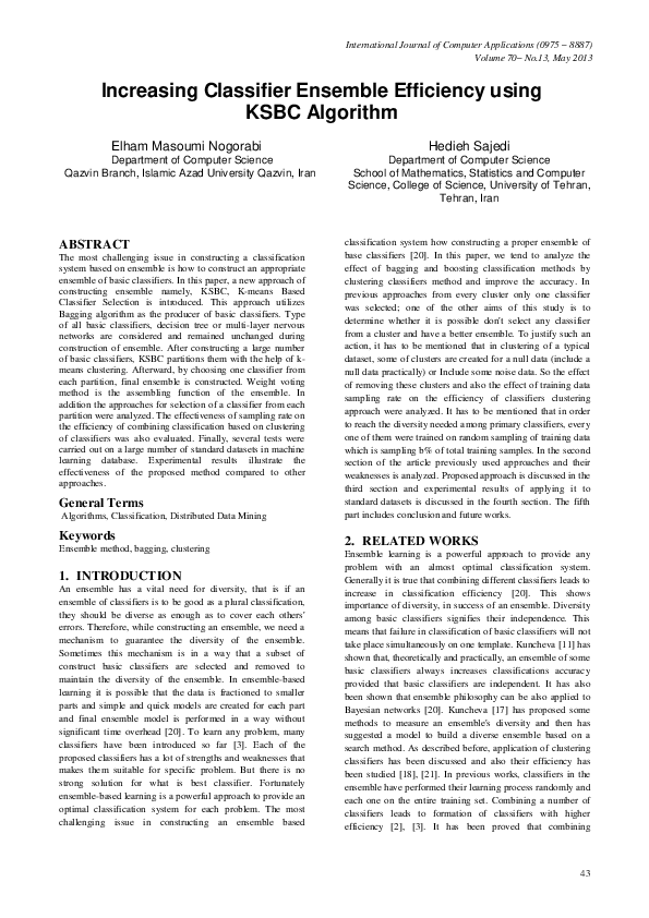 Pdf Increasing Classifier Ensemble Efficiency Using Ksbc Algorithm