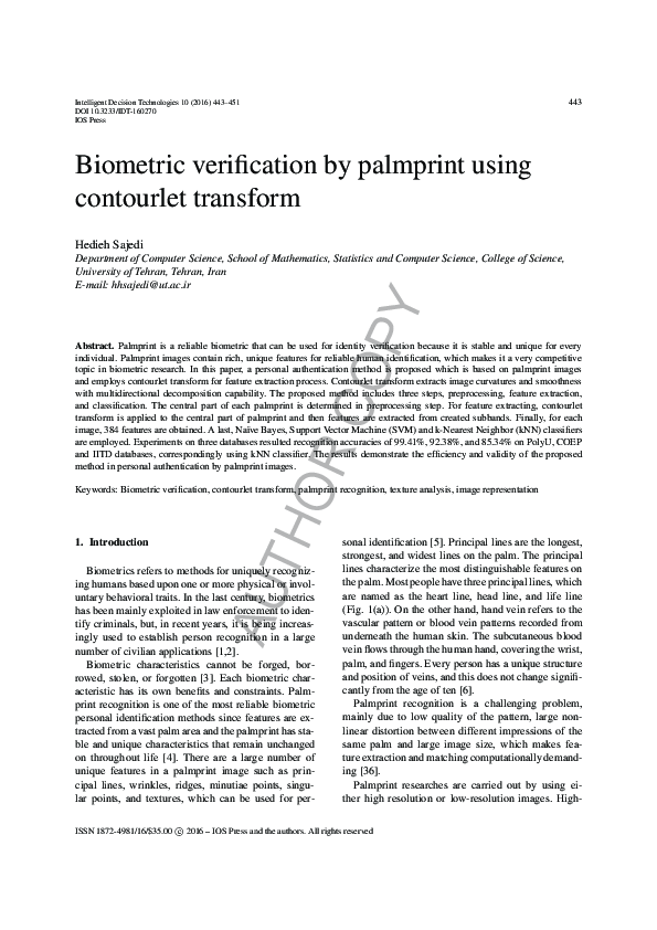 Pdf Palmprint Authentication Using Contourlet Transform