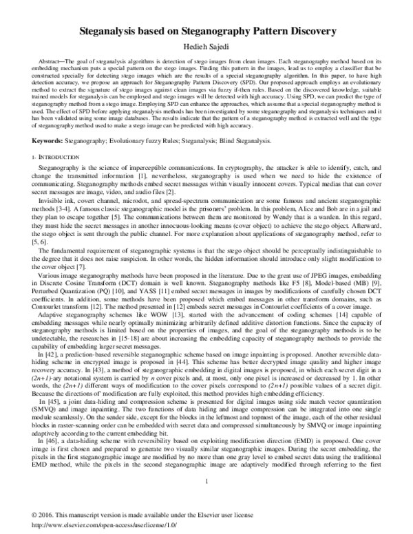 (PDF) Steganalysis based on steganography pattern discovery | Hedieh Sajedi - Academia.edu