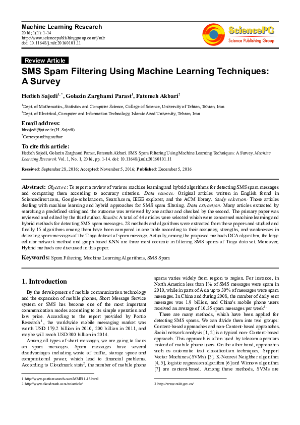Pdf Sms Spam Filtering Using Machine Learning Techniques A Survey