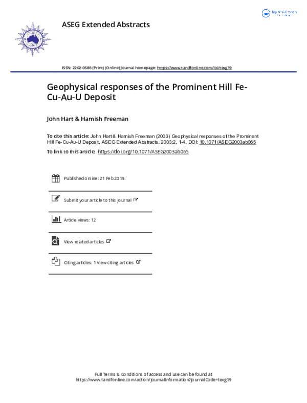 (PDF) Geophysical responses of the Prominent Hill Fe-Cu-Au-U Deposit