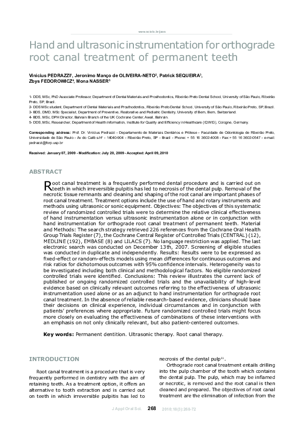 (PDF) Hand and ultrasonic instrumentation for orthograde root canal ...
