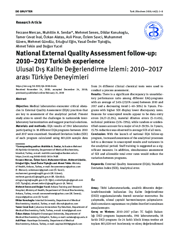 (PDF) National External Quality Assessment follow-up: 2010–2017 Turkish experience | Mehmet ...