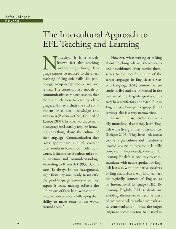 (PDF) The Intercultural Approach to EFL Teaching and Learning