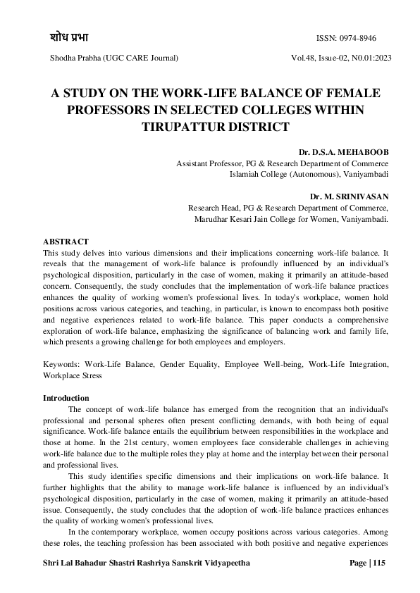 (PDF) A STUDY ON THE WORK-LIFE BALANCE OF FEMALE PROFESSORS IN SELECTED ...