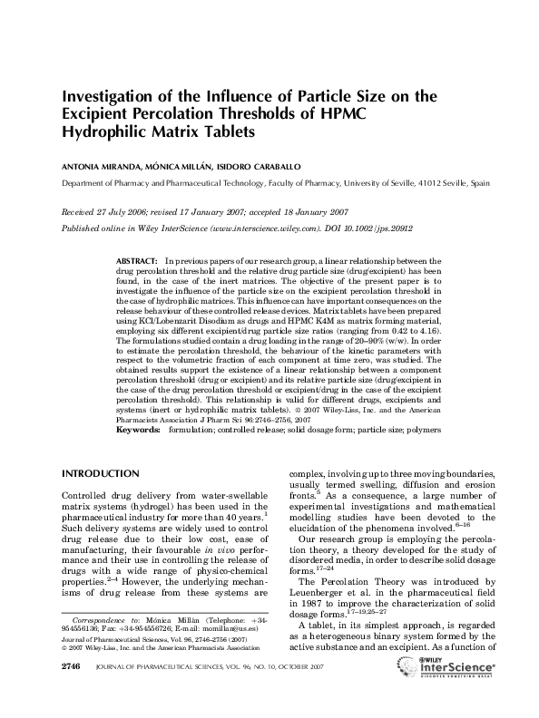 Pdf Investigation Of The Influence Of Particle Size On The Excipient Percolation Thresholds Of