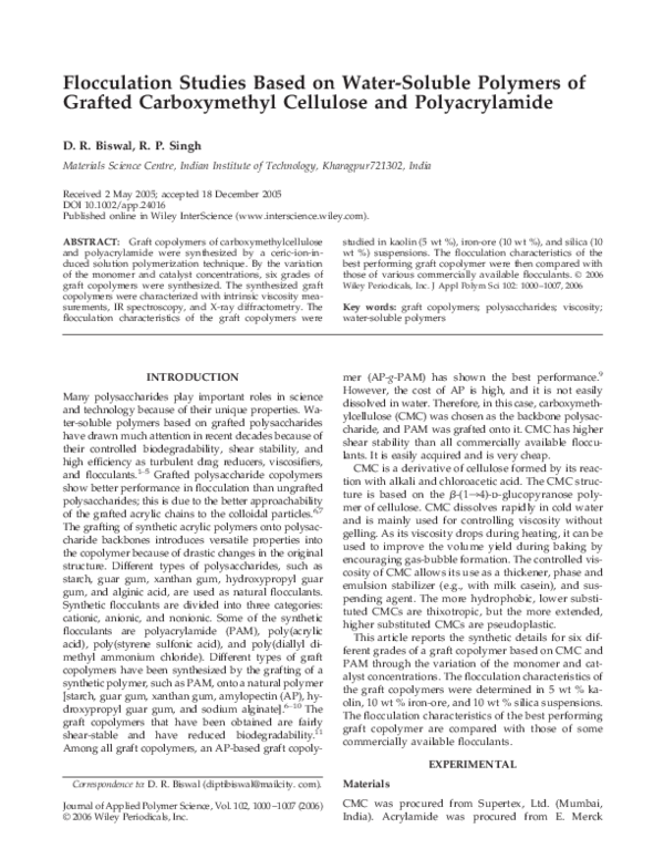 (PDF) Flocculation studies based on water‐soluble polymers of grafted ...