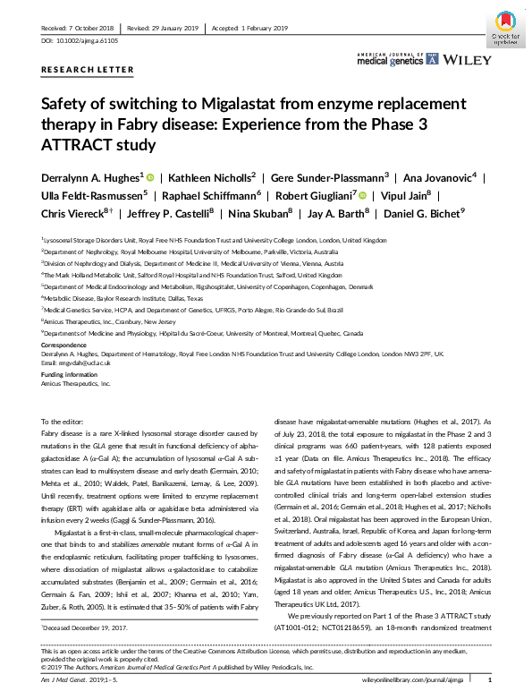 (PDF) Safety of switching to Migalastat from enzyme replacement therapy ...