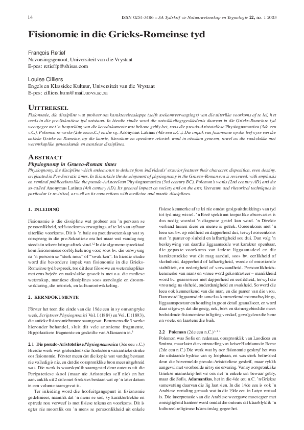 (PDF) Physiognomy in Graeco-Roman times | Louise Cilliers - Academia.edu