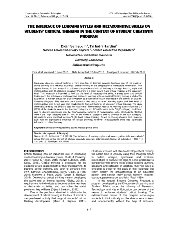 (PDF) The Influence of Learning Styles and Metacognitive Skills on Students’ Critical Thinking ...