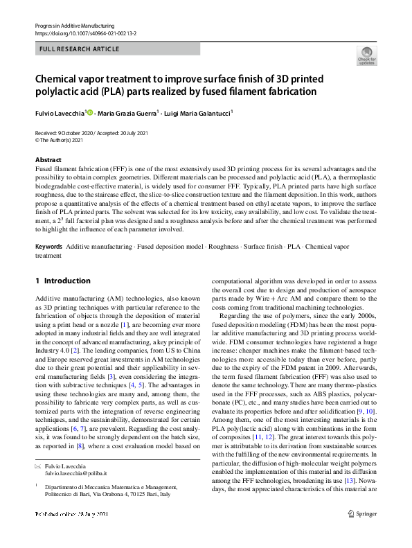(PDF) Chemical vapor treatment to improve surface finish of 3D printed polylactic acid (PLA ...
