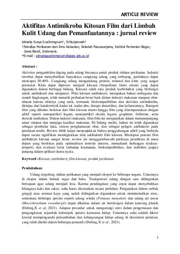 (PDF) Aktifitas Antimikroba Kitosan Film dari Limbah Kulit Udang dan ...