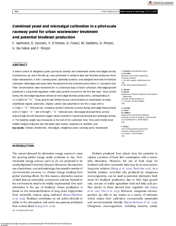 (PDF) Combined yeast and microalgal cultivation in a pilot-scale raceway pond for urban ...