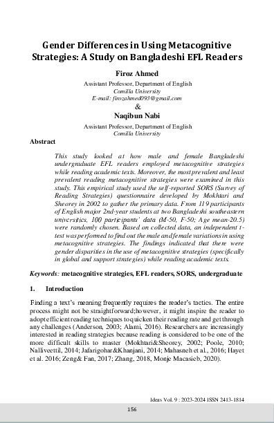 (PDF) Gender Differences in Using Metacognitive Strategies: A Study on Bangladeshi EFL Readers