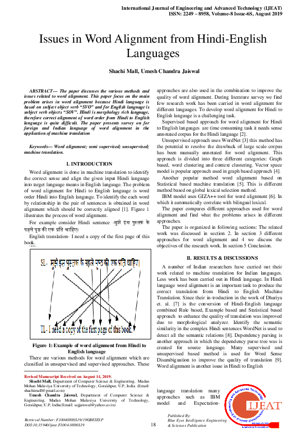 (PDF) Issues in Word Alignment from Hindi-English Languages