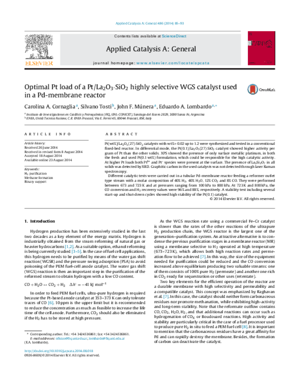 (PDF) Optimal Pt load of a Pt/La 2 O 3 ·SiO 2 highly selective WGS ...