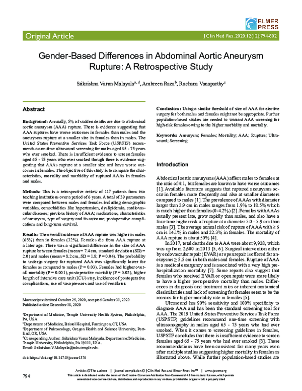 (PDF) Gender-Based Differences in Abdominal Aortic Aneurysm Rupture: A Retrospective Study ...