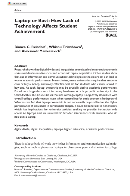 (PDF) Laptop or Bust: How Lack of Technology Affects Student Achievement