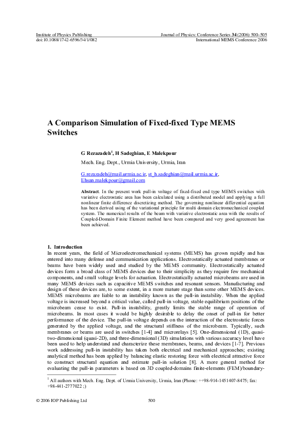 (PDF) A Comparison Simulation of Fixed-fixed Type MEMS Switches | Ghader Rezazadeh - Academia.edu