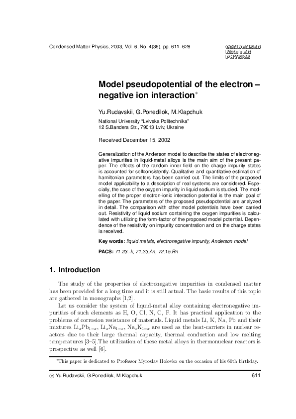 Pdf Model Pseudopotential Of The Electron ñ Negative Ion Interaction