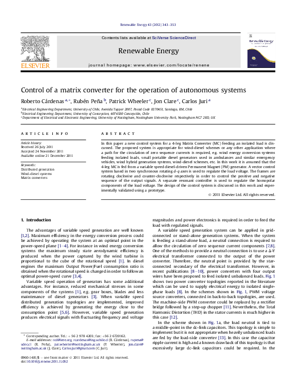 (PDF) Control of a matrix converter for the operation of autonomous ...
