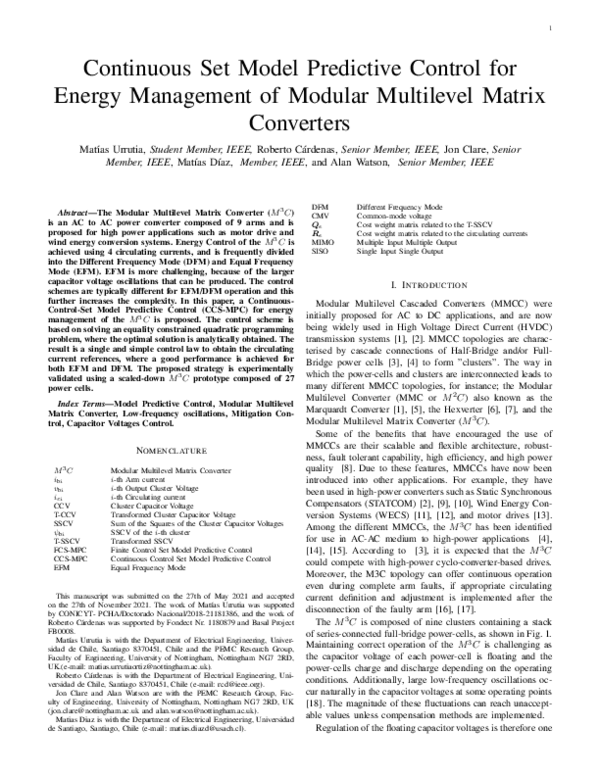 Pdf Continuous Set Model Predictive Control For Energy Management Of Modular Multilevel Matrix