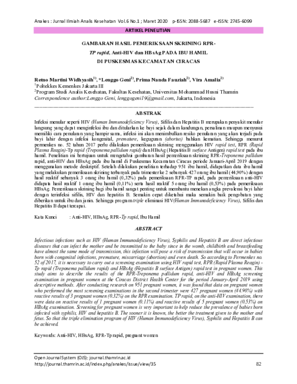 (PDF) Gambaran Hasil Pemeriksaan Skrining RPR- TP rapid, Anti-HIV dan HBsAg Pada Ibu Hamil Di ...