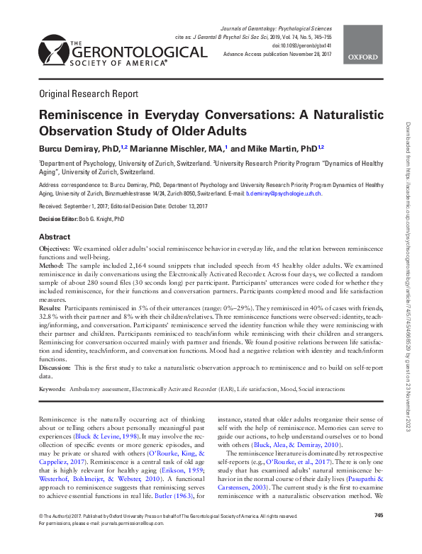 (PDF) Reminiscence in Everyday Conversations: A Naturalistic Observation Study of Older Adults
